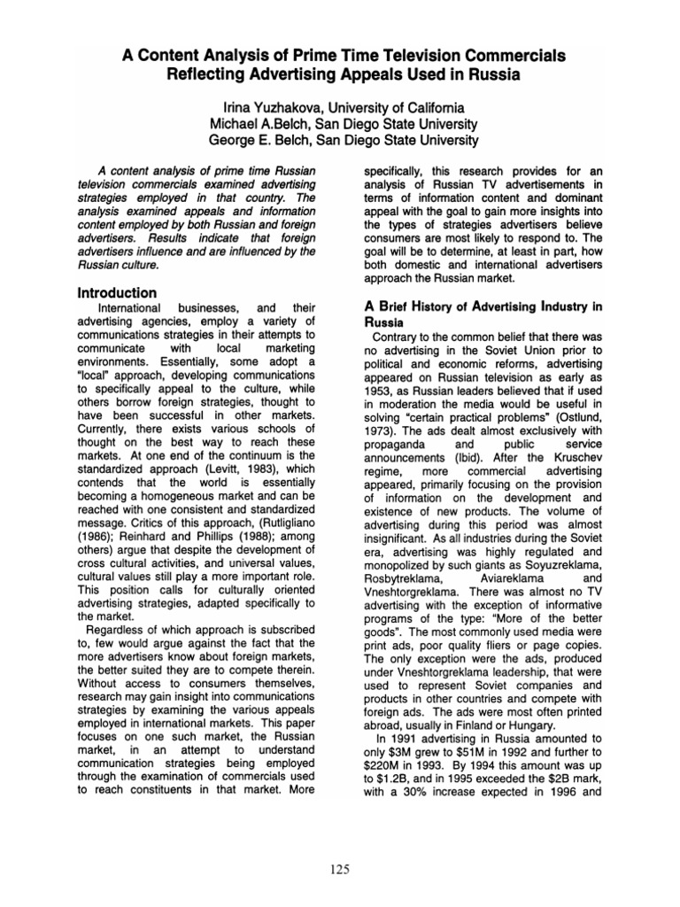 Russian TV Ad Strategies Analysis | PDF | Television Advertisement | Russia
