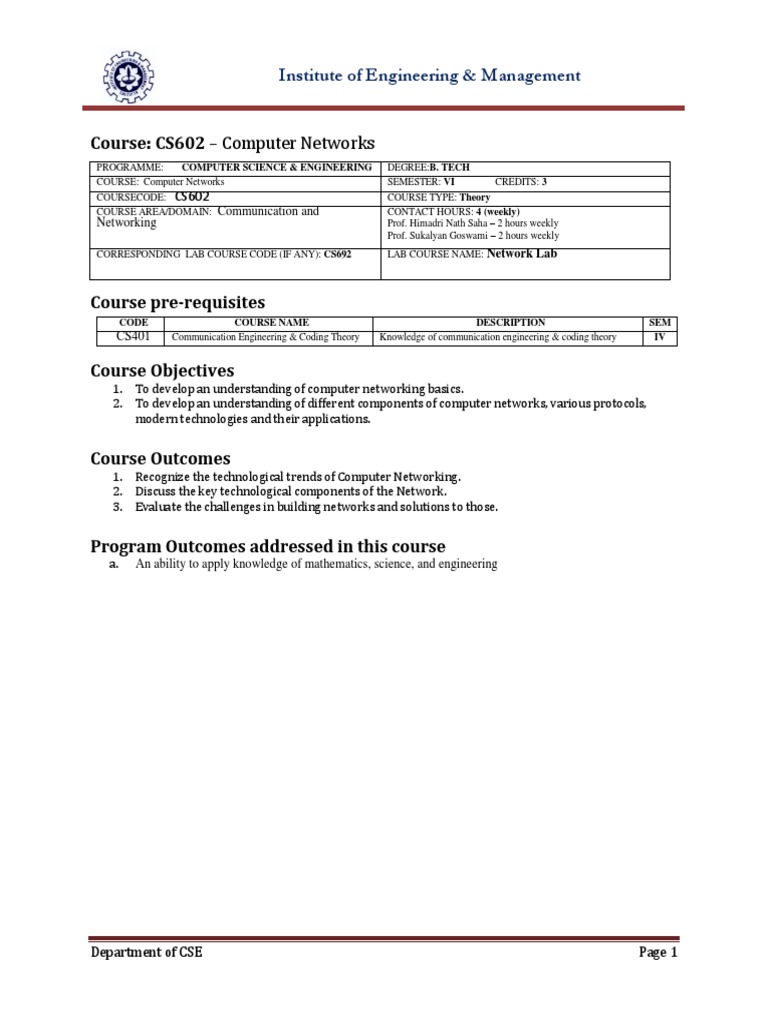 Computer Networks Syllabus for CS602 Course at Institute of Engineering ...