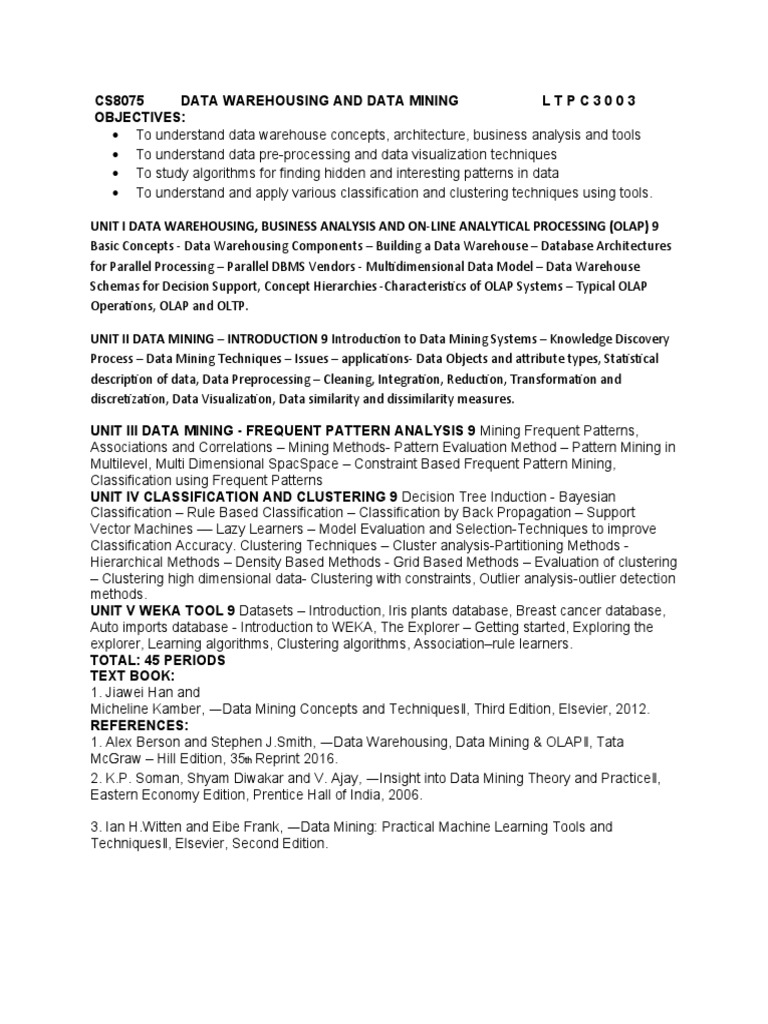 Syllabus - CS8075 Data Warehousing and Data Mining L T P C 3 0 0 3 ...