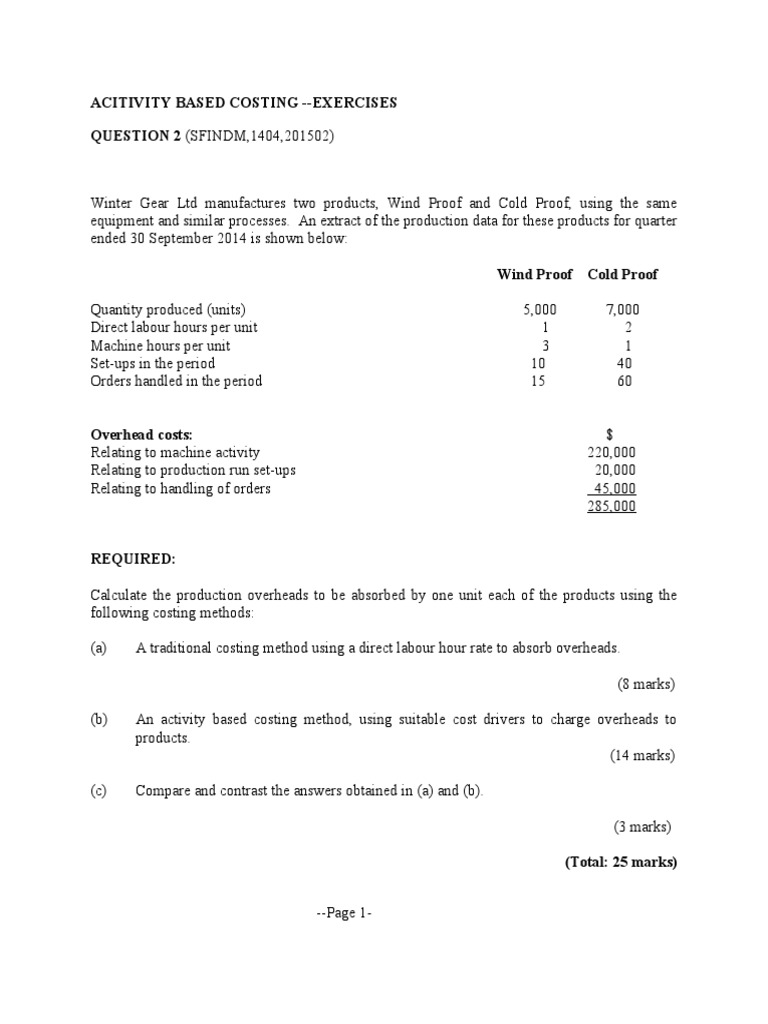Activity Based Costing - Exercises | PDF | Cost | Sales