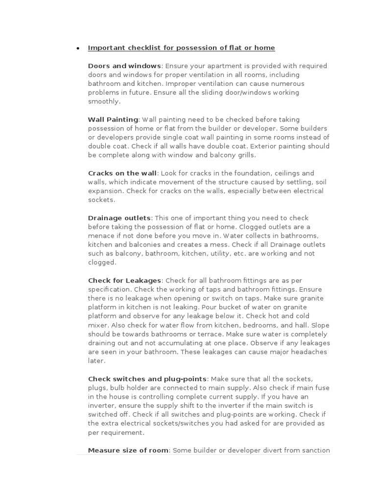 Important Checklist For Possession of Flat or Home | PDF | Bathroom | Door