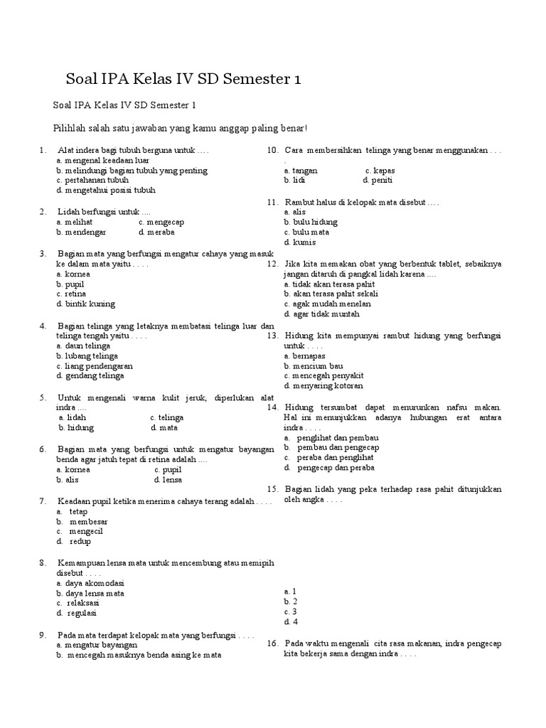 Soal IPA Kelas IV SD Semester 1 | PDF | Kajian Bahasa Asing