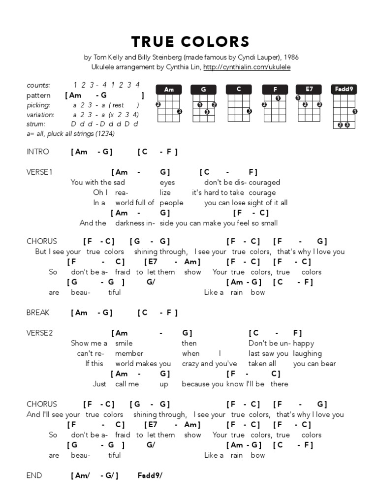 TRUE COLORS - Ukulele Chord Chart PDF | PDF | Songs