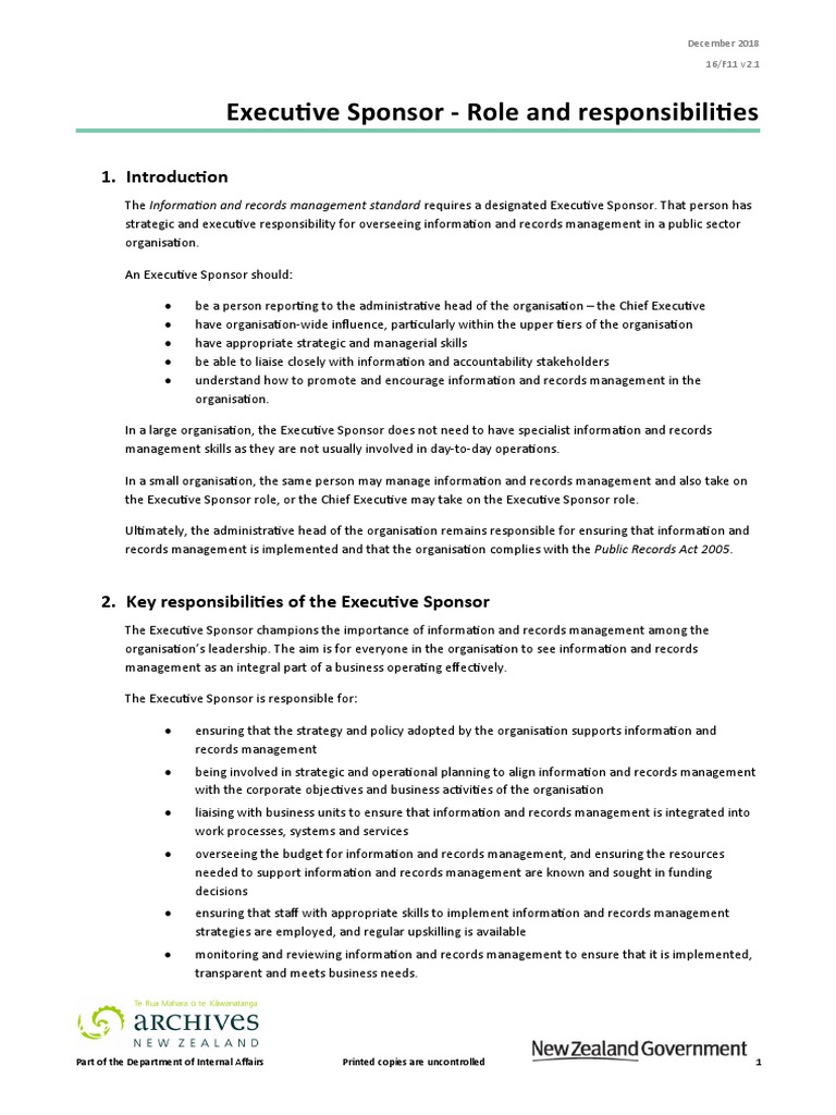 Executive Sponsor Role Overview | PDF | Records Management | Chief ...