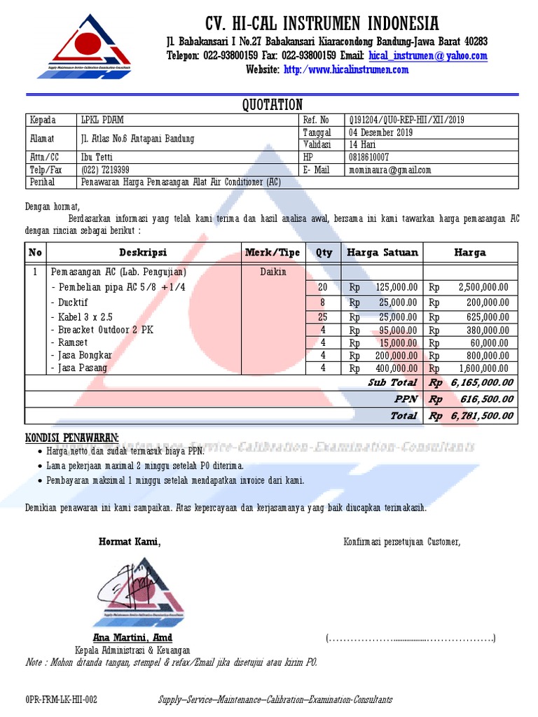 Penawaran Pemasangan AC Lab | PDF