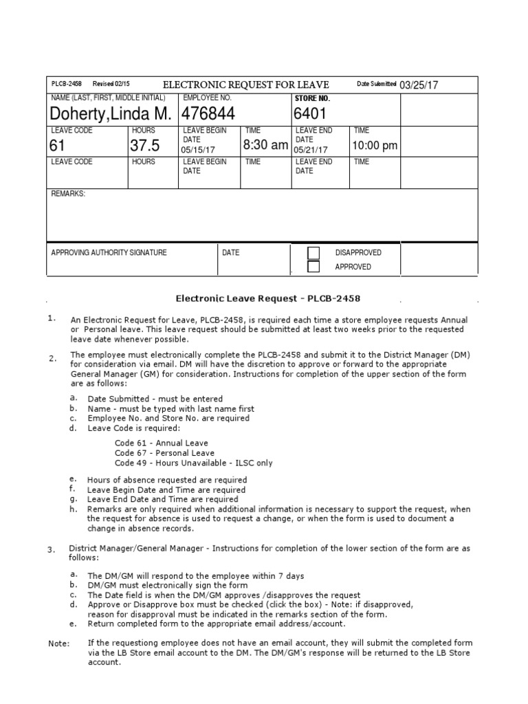 Electronic Leave Request Form PLCB-2458 | PDF | Government | Business