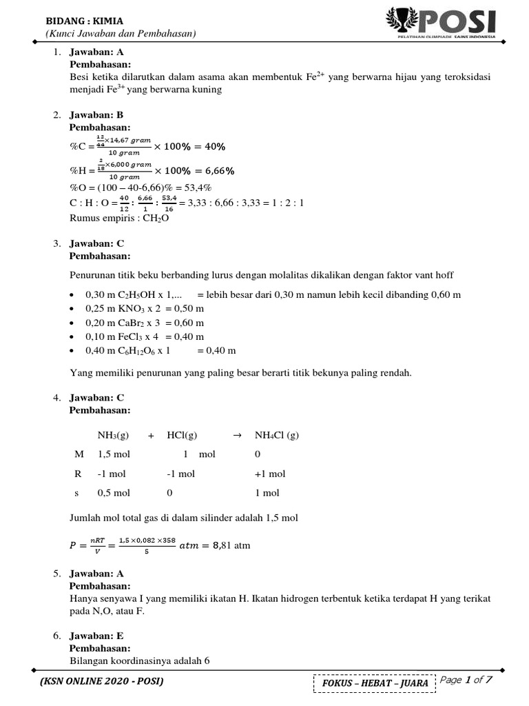 Pembahasan Soal Kimia Sma - KSN Online Posi 2020 PDF | PDF