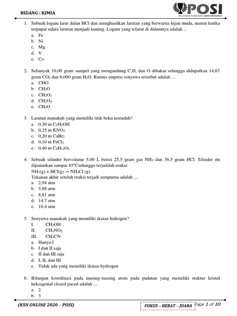 Soal Kimia Sma - KSN Online Posi 2020 PDF | PDF