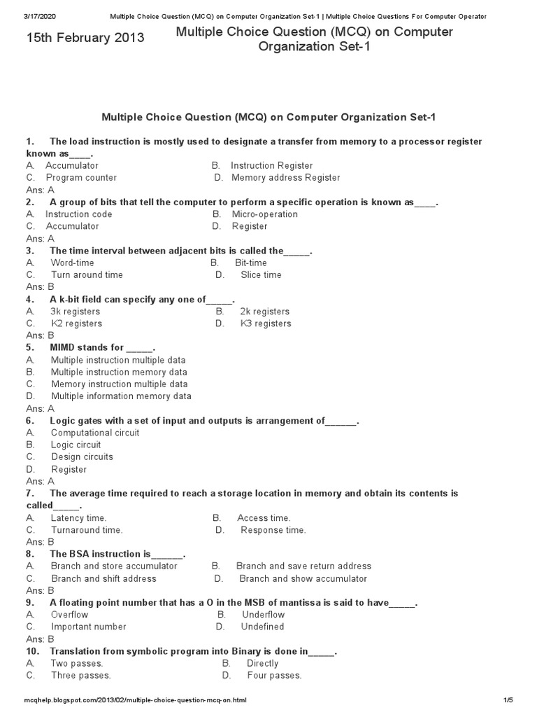Multiple Choice Questions For Computer Operator | PDF | Random Access ...