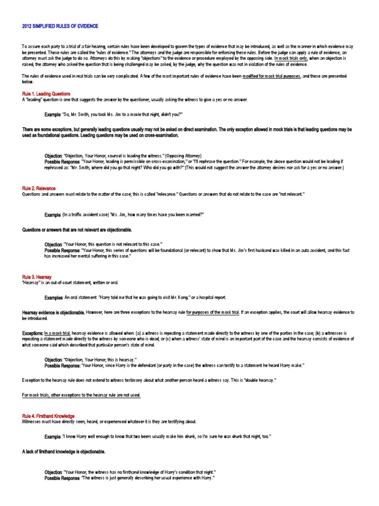 2012 Simplified Rules of Evidence For Mock Trial | PDF | Witness ...