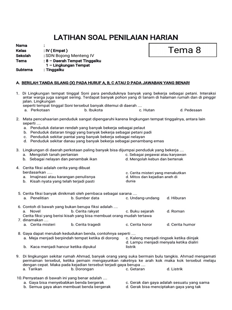 Soal Tematik Kelas 4 SD Tema 8 Subtema 1 Lingkungan Tempat Tinggalku-3 ...