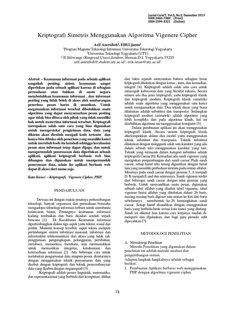 Kriptografi Simetris Menggunakan Algoritma Vigenere Cipher | PDF