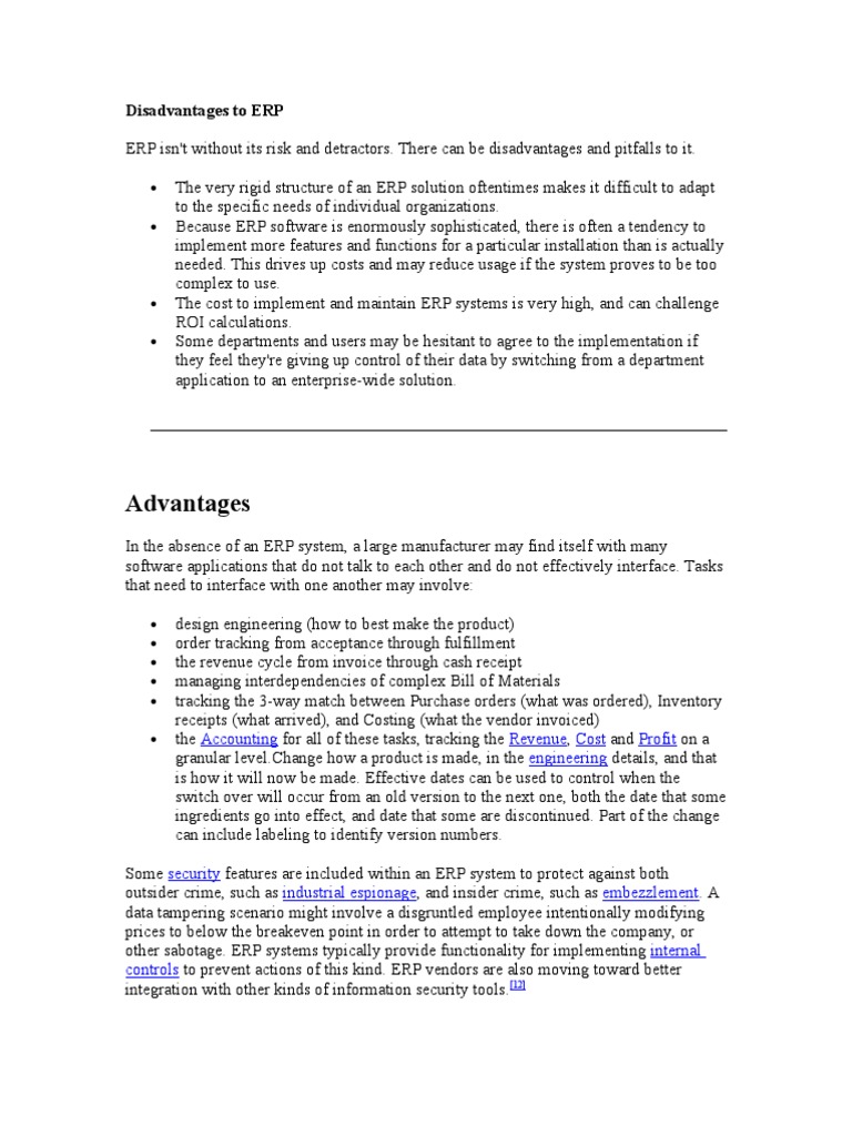 Advantages Disadvantages of ERP | PDF | Enterprise Resource Planning ...