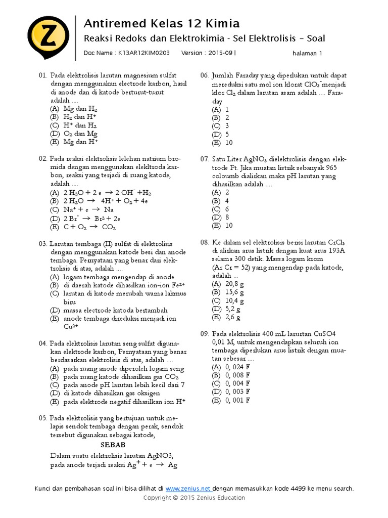 Latihan Soal Reaksi Redoks Dan Elektrokimia PDF | PDF | Sains & Matematika