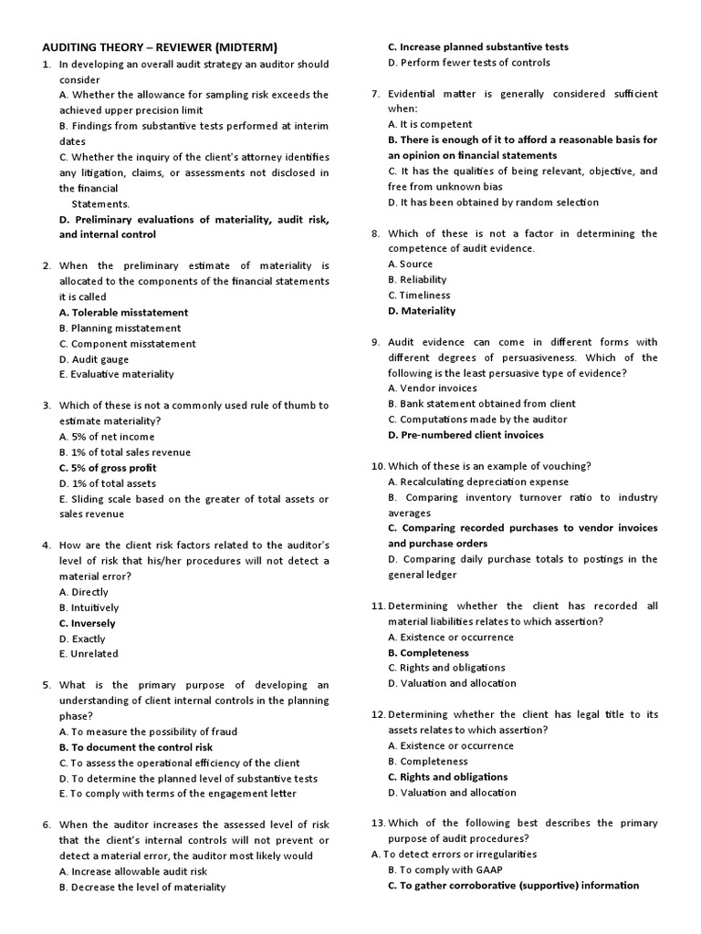 AUDITING THEORY Reviewer MC | PDF | Financial Audit | Internal Control