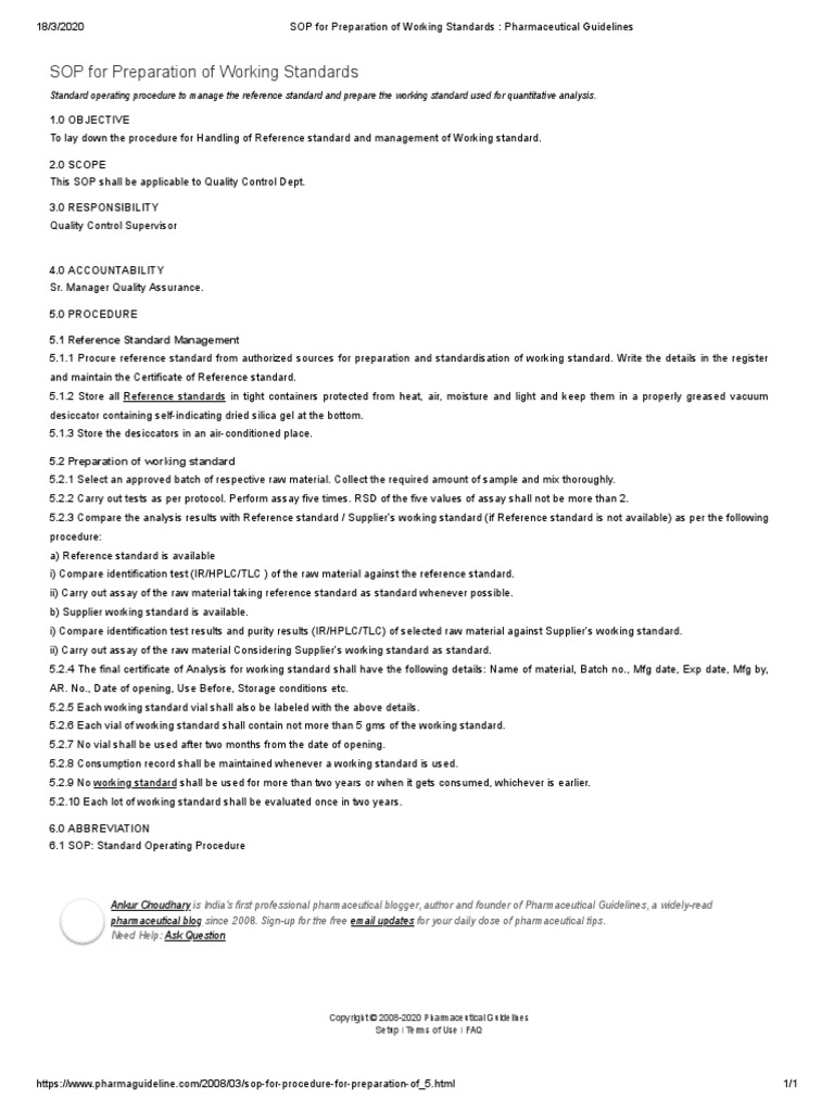 SOP For Preparation of Working Standards - Pharmaceutical Guidelines ...