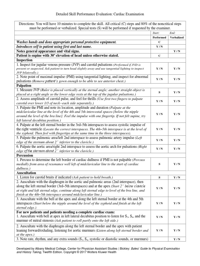Cardiac Exam Detailed Skill Sheet | PDF | Thorax (Human Anatomy ...