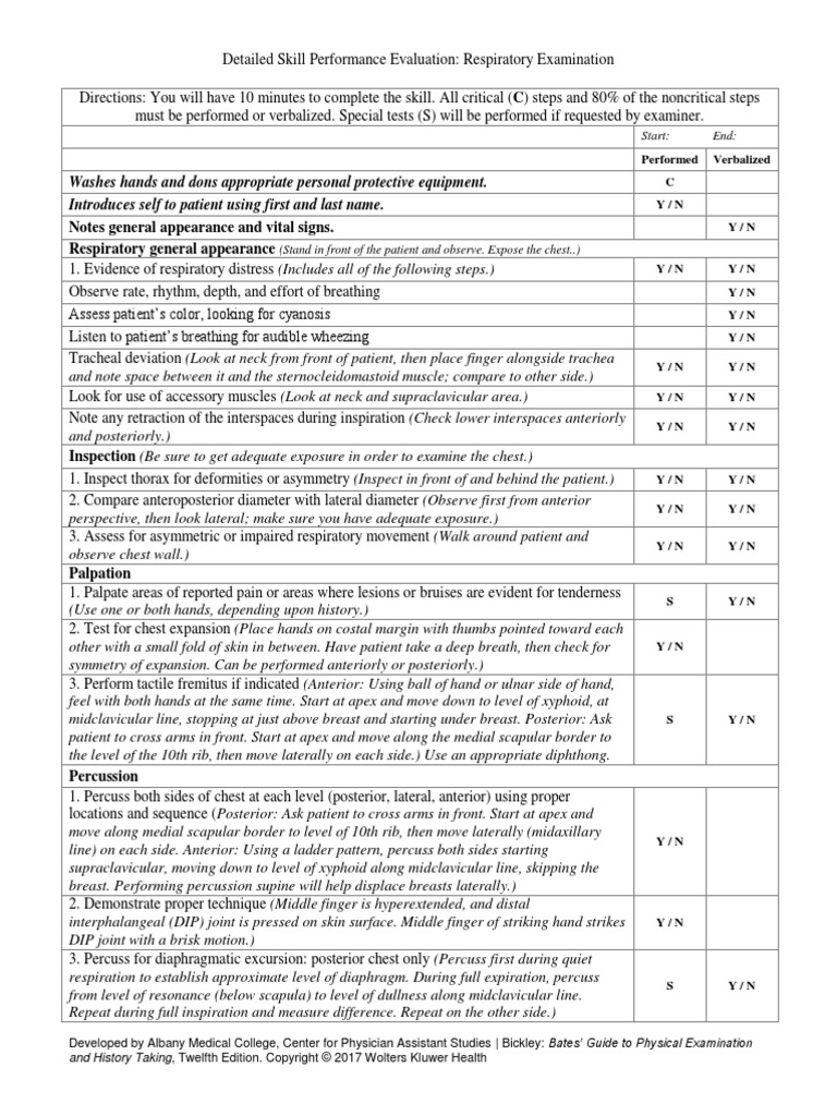 Respiratory Exam Detailed Skill Sheet | PDF | Hand | Anatomical Terms ...
