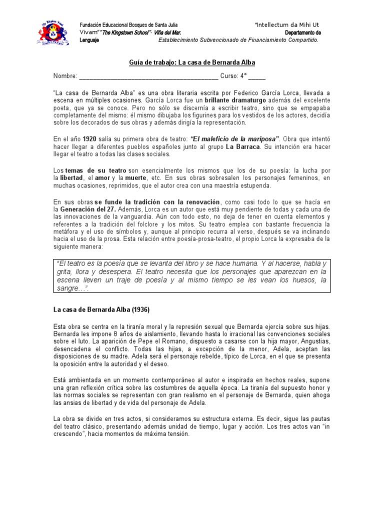 Guía de Trabajo La Casa de Bernarda Alba | PDF | Federico García Lorca ...