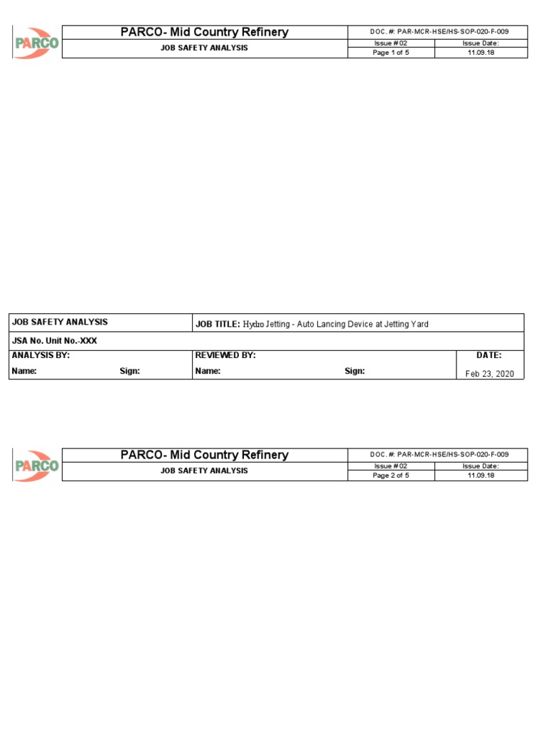 JSA For Hydrojetting (Gun With Rigid Lance) at Jetting Yard | PDF ...