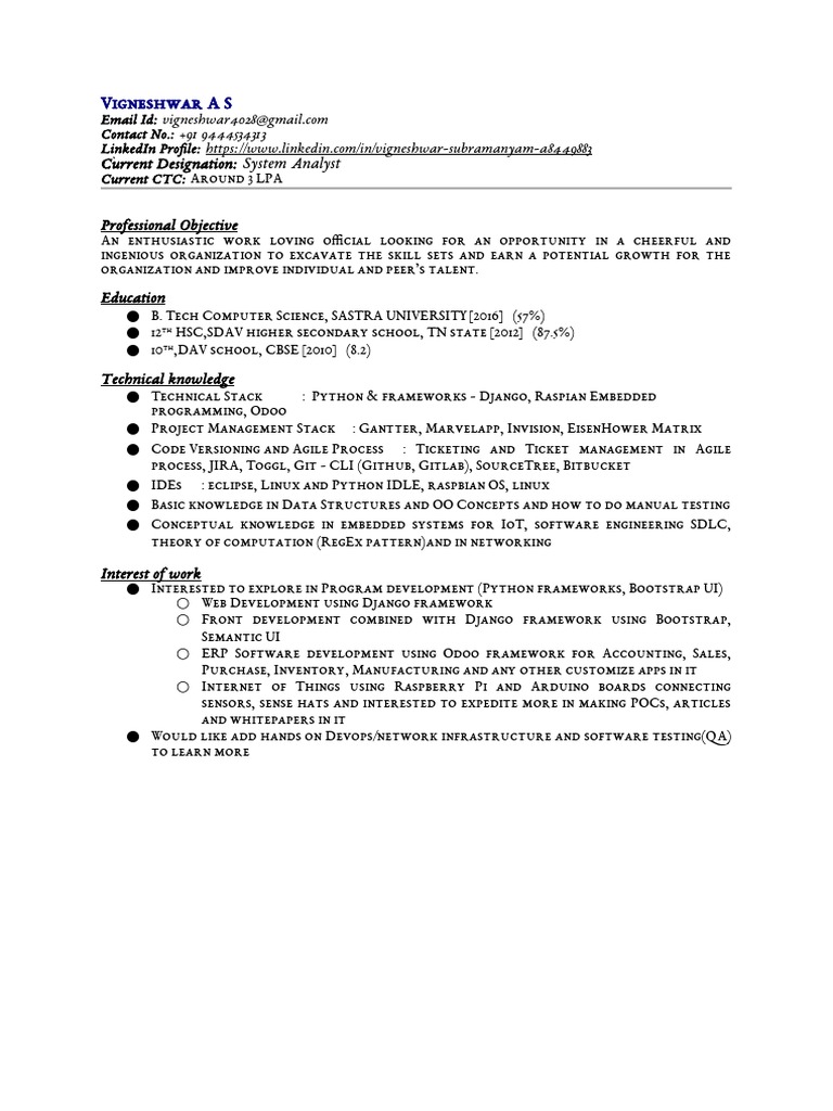 Vigneshwar A S Resume - System Analyst with 3+ years of experience in Python and Django | PDF ...