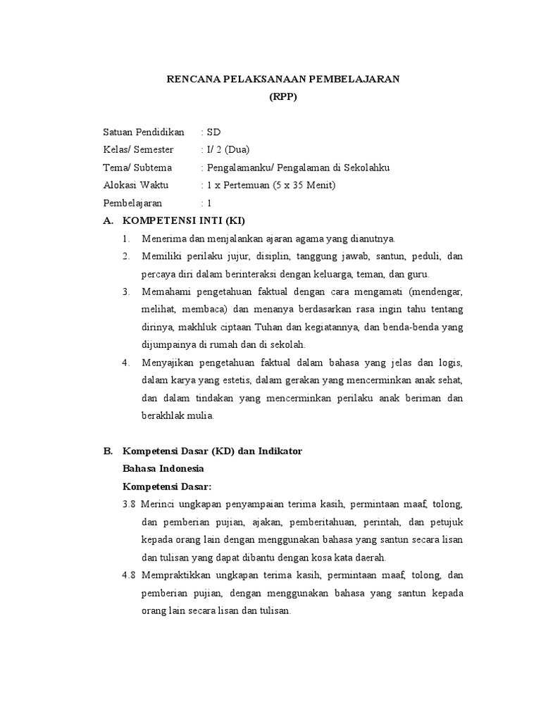 RPP Kelas 1 Tema 5: Pengalamanku | PDF