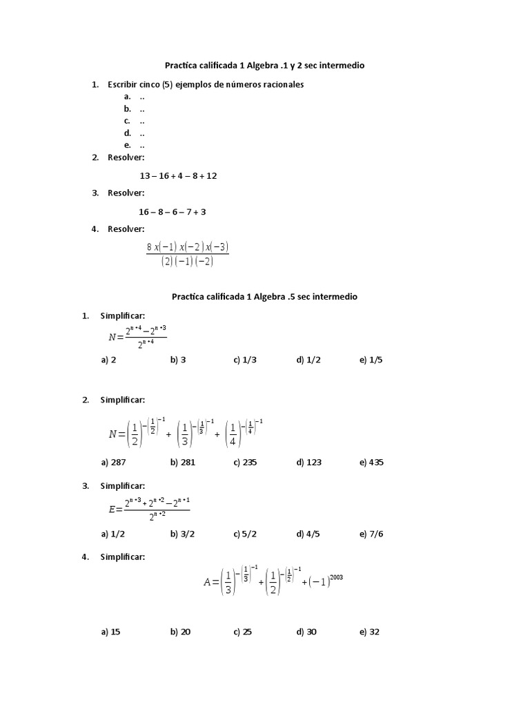 Ejercicios de Álgebra: Prácticas Calificadas | PDF | Álgebra ...