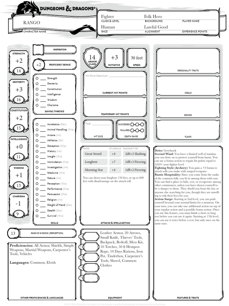 Pre-Rolled 5e Character Sheet - Rango | PDF | Role Playing Games | Leisure