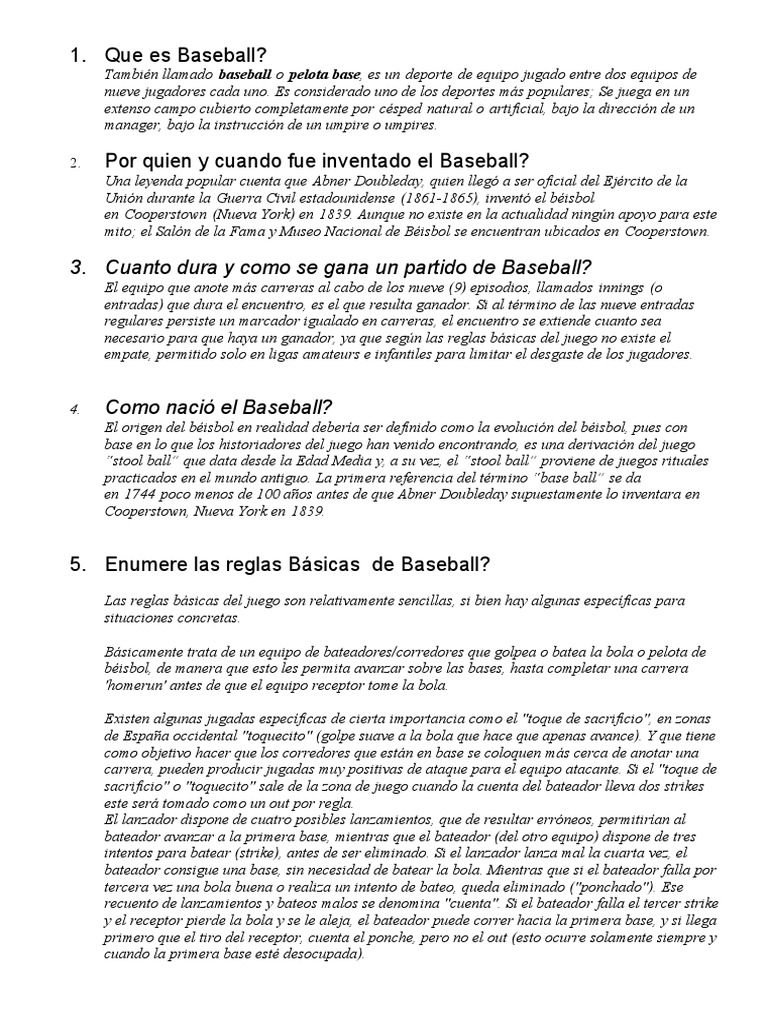 Cuestionario-BASEBALL - Basico | PDF | Posiciones de Béisbol | Juegos ...