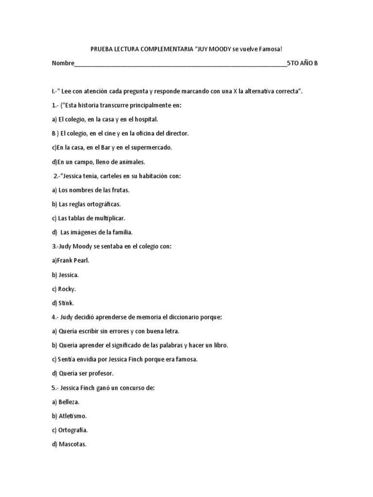 Prueba Lectura Complementaria Judy Moodie Se Vuelve Famosa | PDF