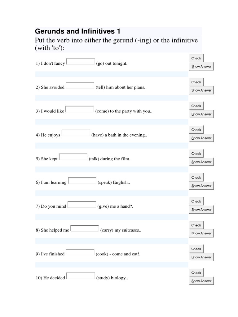 Gerunds and Infinitives EXERCISES | PDF | Games & Activities | Home ...