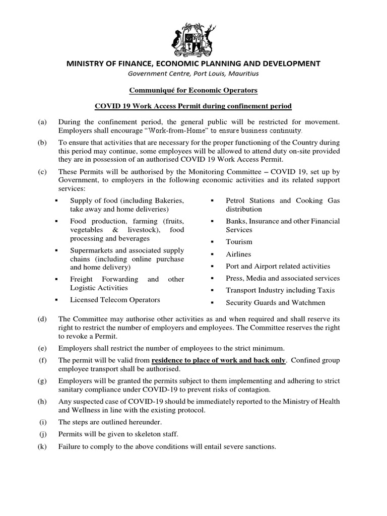 Covid-19: Work Access Permit During Confinement Period in Mauritius ...