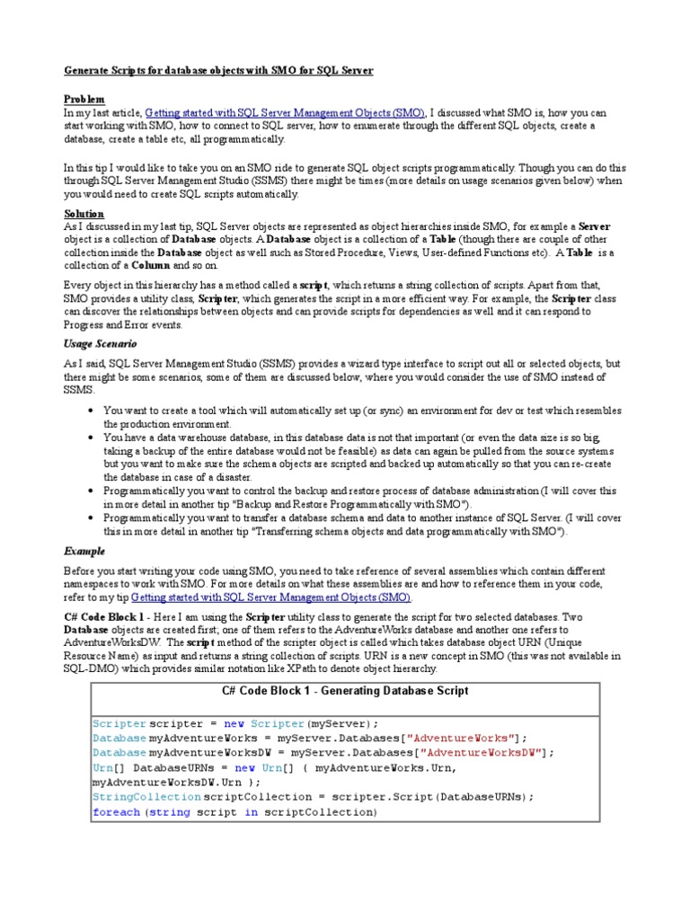 Getting Started With SQL Server Management Objects (SMO) : Usage Scenario | PDF | Microsoft Sql ...