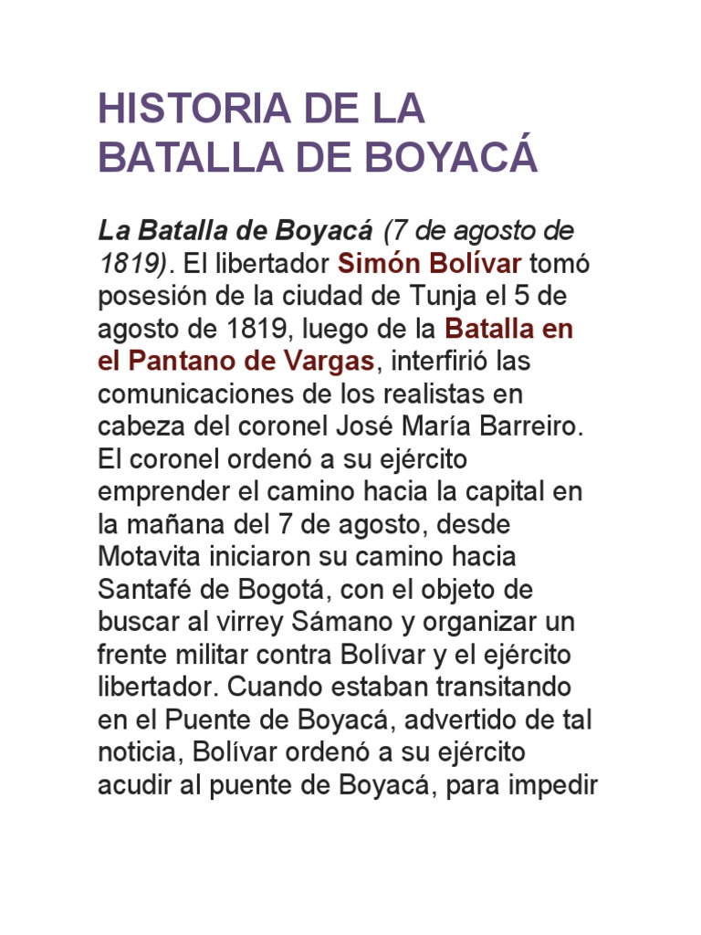 Historia de La Batalla de Boyacá | PDF | Operaciones militares | Guerra
