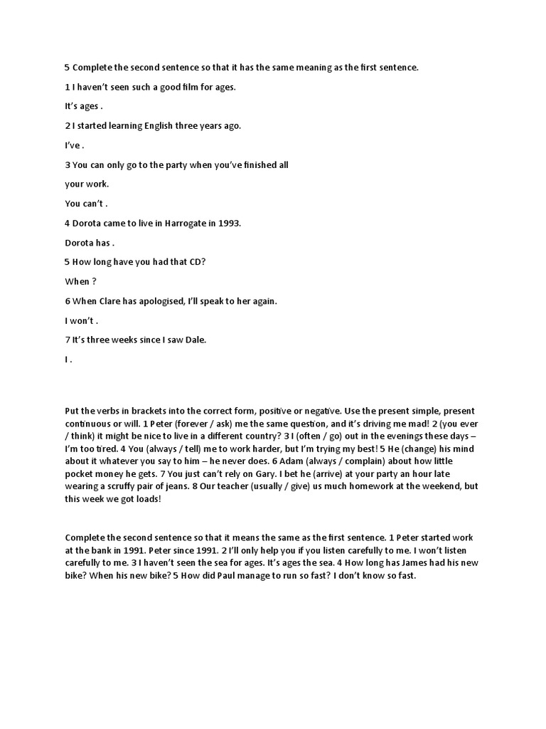 Complete Sentences with Same Meaning | PDF