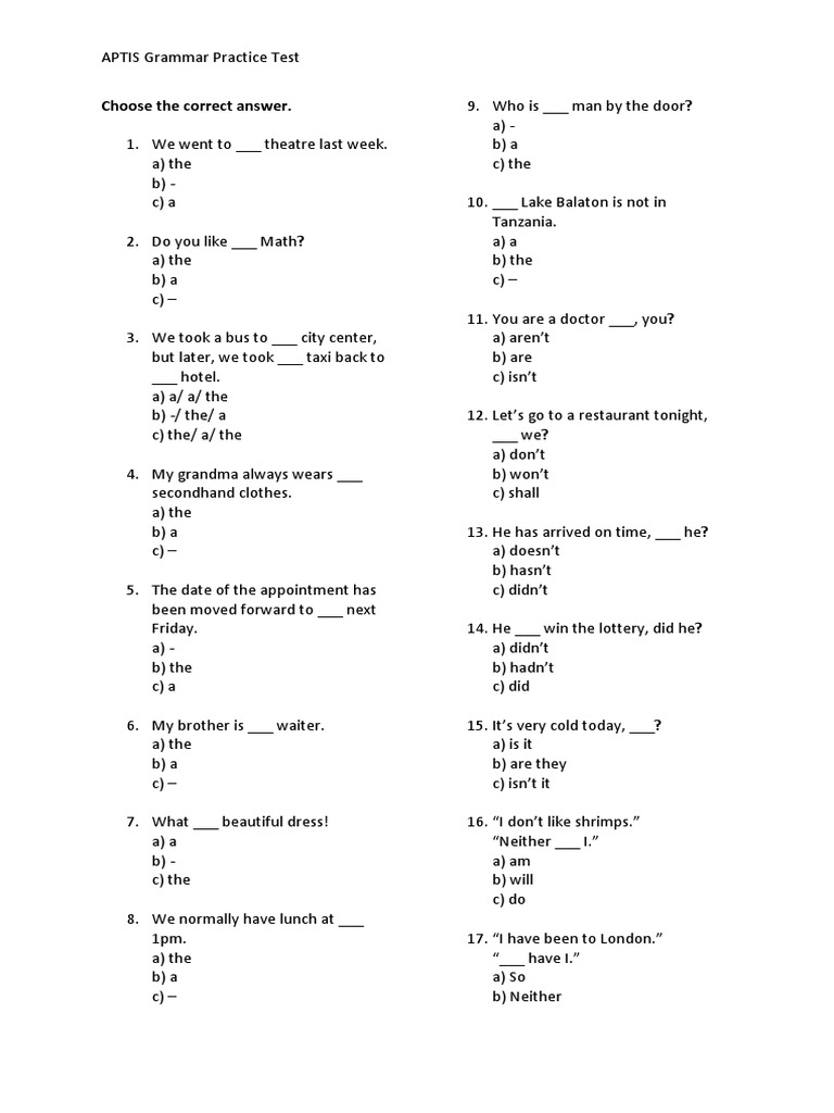APTIS Grammar Test Sample | PDF