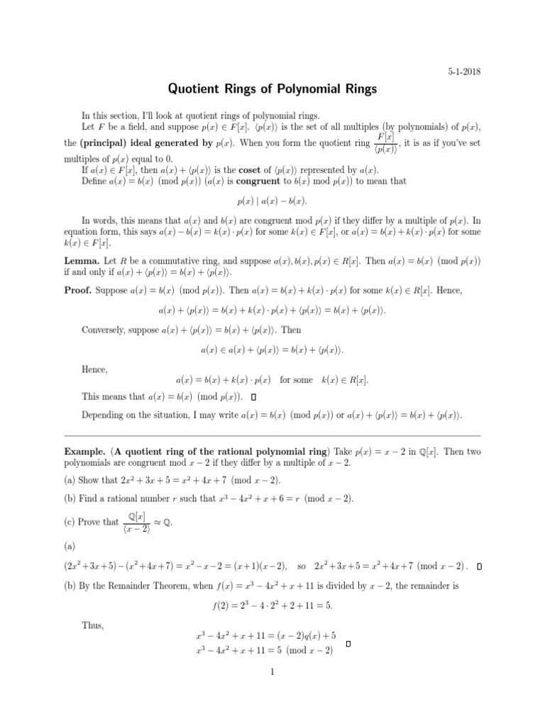 Quotient Rings in Polynomial Algebra | PDF | Ring (Mathematics) | Field ...
