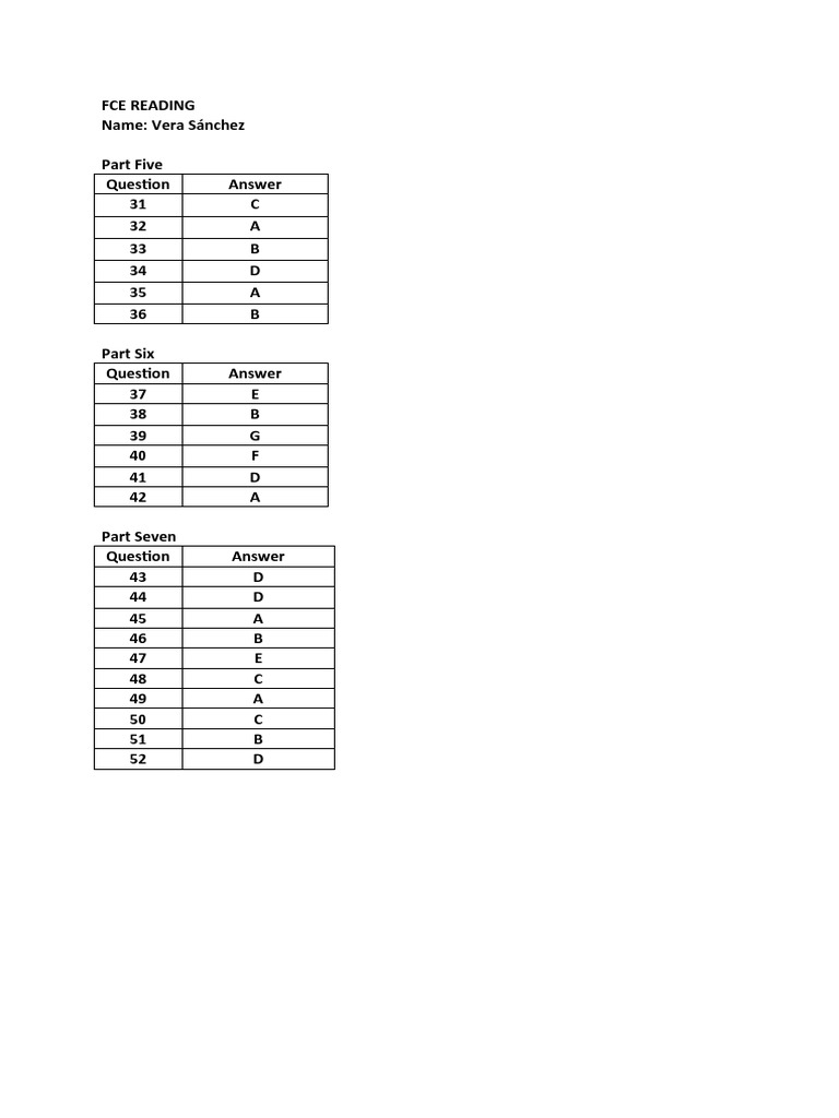FCE Reading Answer Sheet | PDF