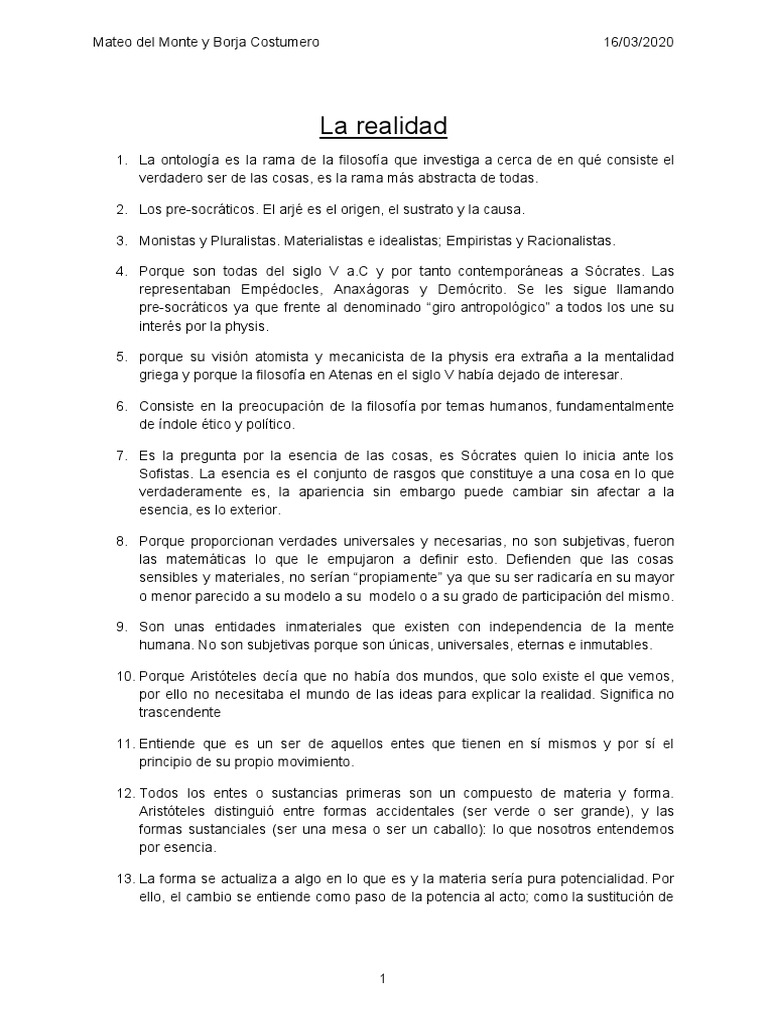 Filosofía, La Realidad PDF | Descargar gratis PDF | Esencia | Aristóteles