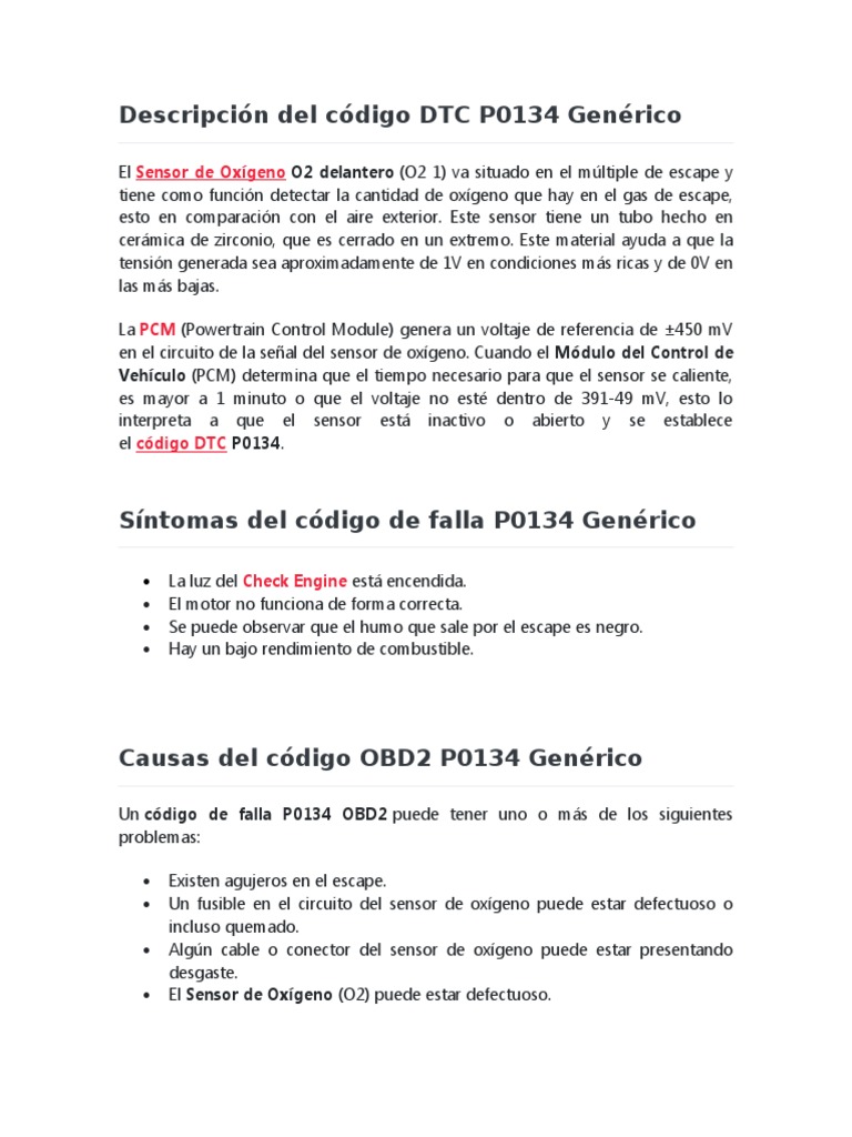 Descripción Del Código DTC P0134 Genérico | PDF | Tecnología