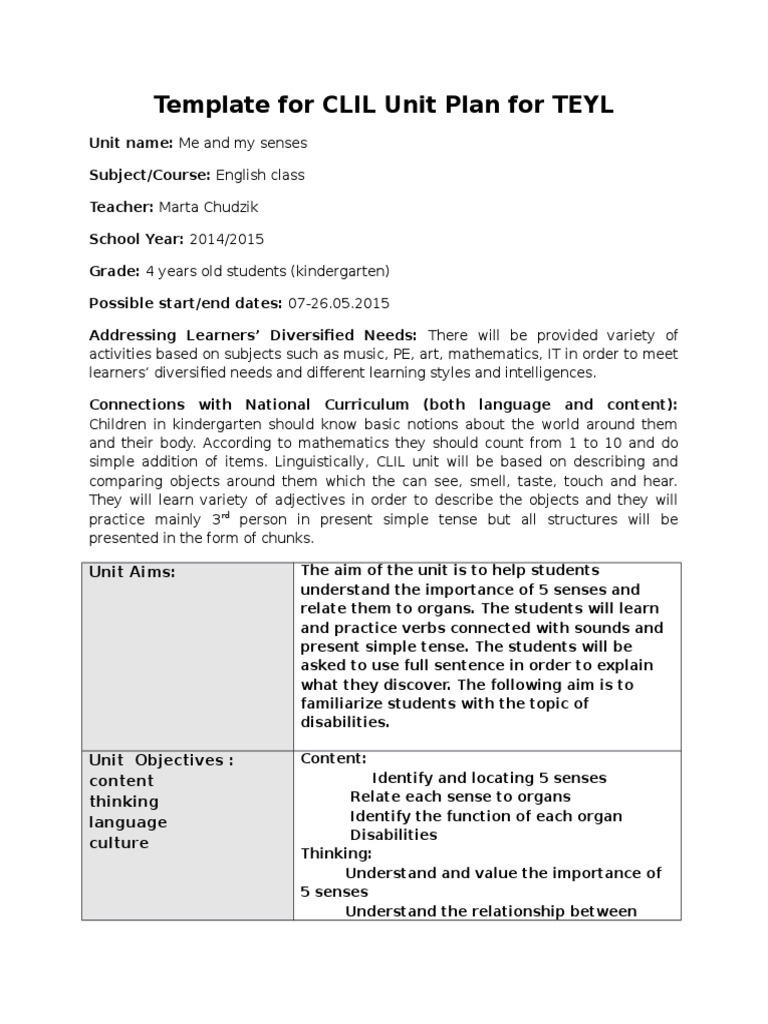 Template For Clil Unit Plan For Teyl Senses | PDF | Senses | Lesson Plan
