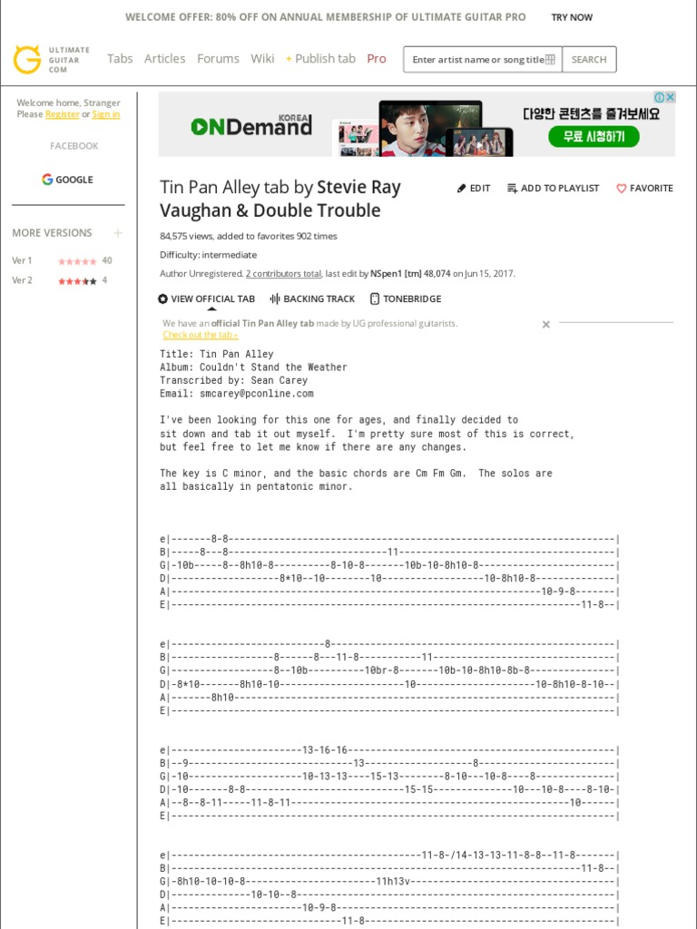TIN PAN ALLEY TAB by Stevie Ray Vaughan & Double Trouble at Ultimate ...