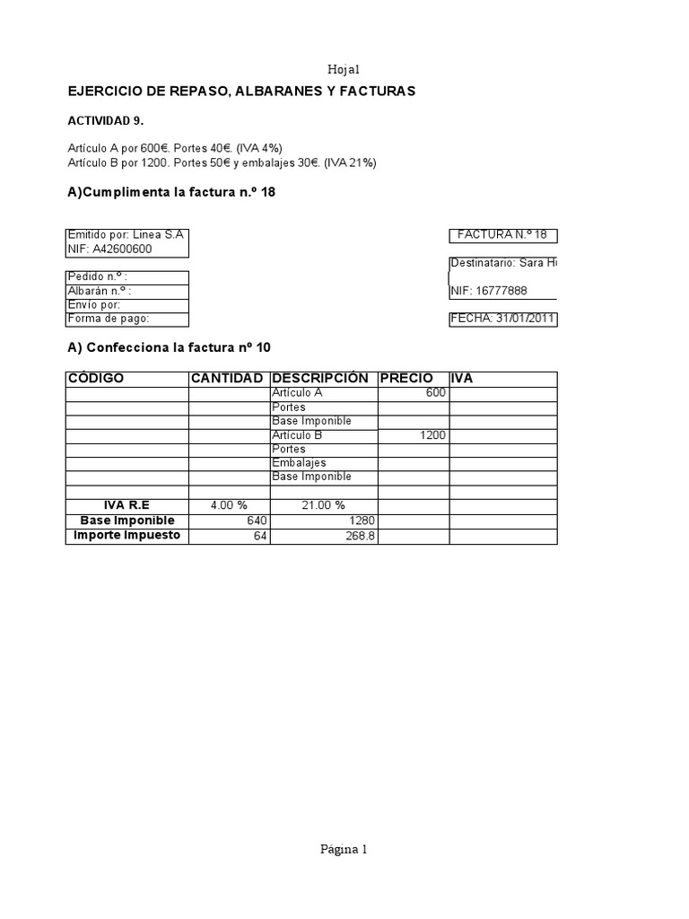 Actividad 9 EJERCICIO DE REPASO, ALBARANES Y FACTURAS | PDF