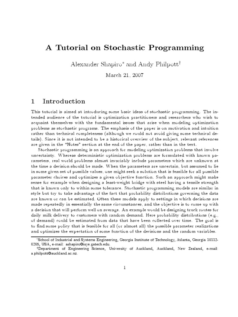 A Tutorial On Stochastic Programming PDF | PDF | Mathematical ...