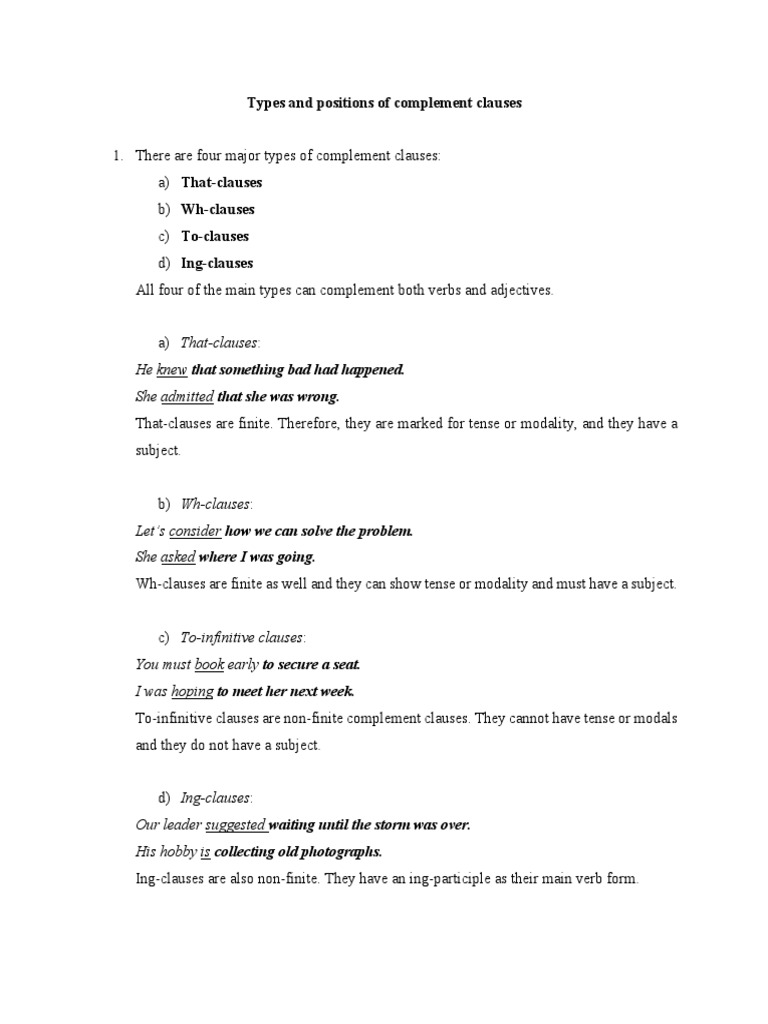 Types and Positions of Complement Clauses | PDF | Clause | Verb