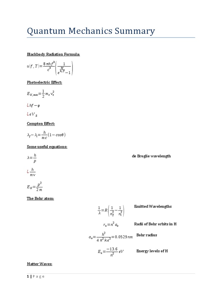 Quantum Mechanics Summary: U (F, T) C e | PDF | Waves | Special Relativity