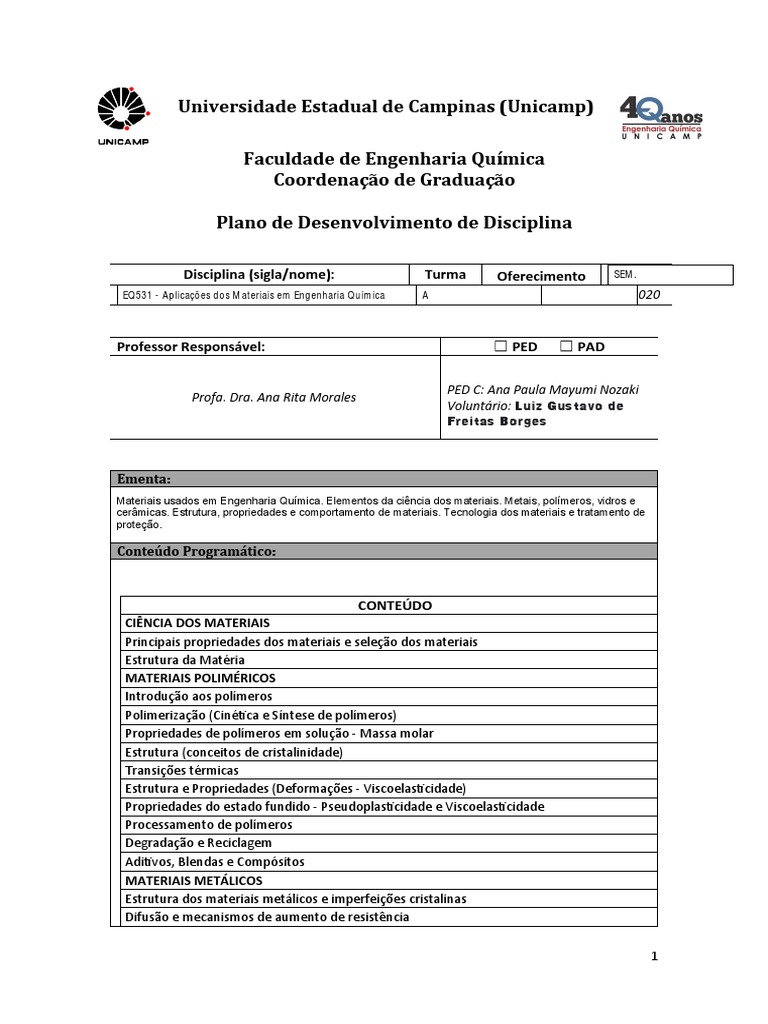 Plano Da Disciplina EQ 531 | PDF | Polímeros | Metais