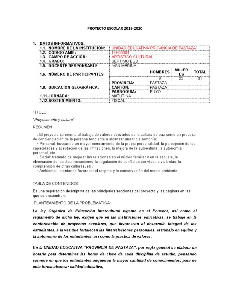 Formato de Proyecto Escolar 2019 - 2020 | PDF | Bailes | Folklore