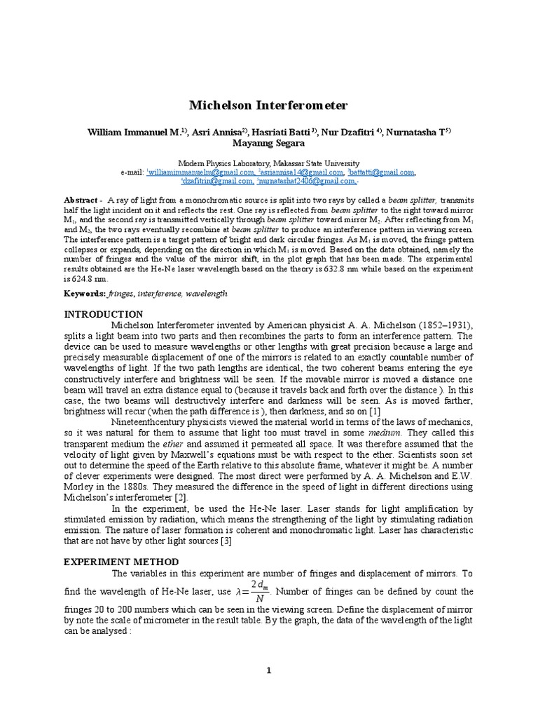 Michelson Interferometer Article | Download Free PDF | Interferometry | Light