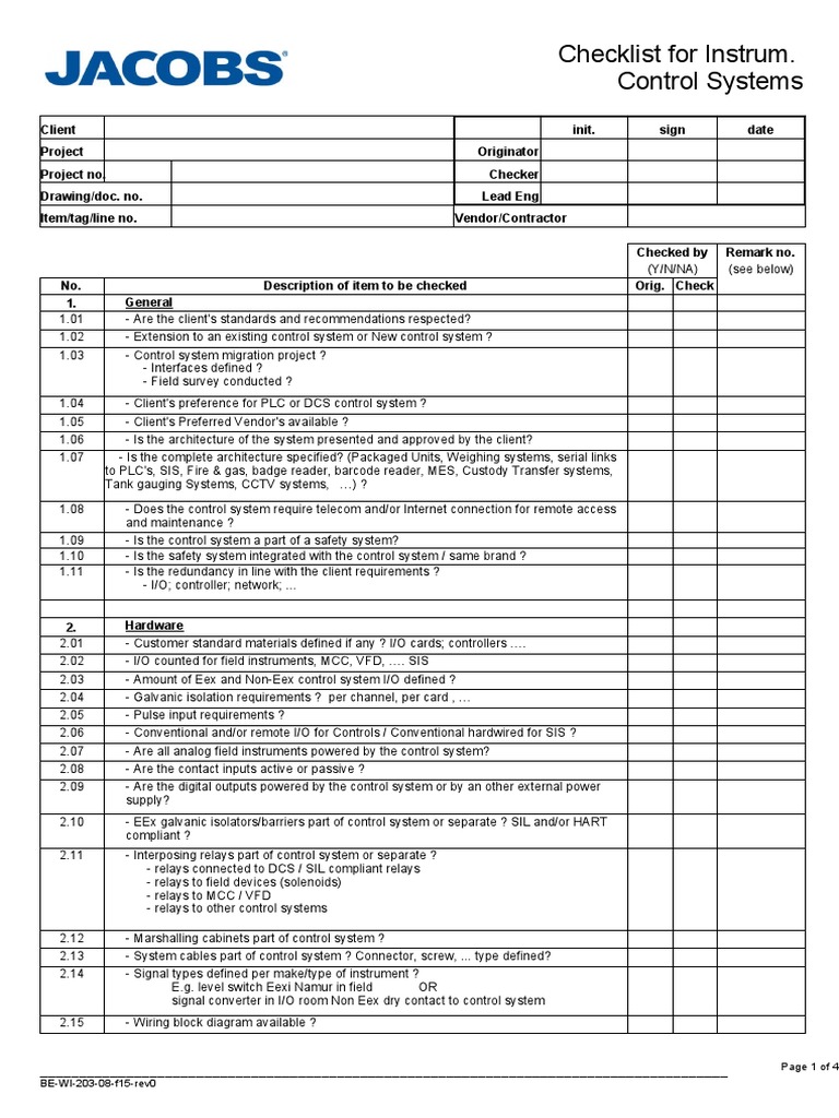 BE-WI-203-08-F15 Technical Checklist For Instrumentation - Control ...
